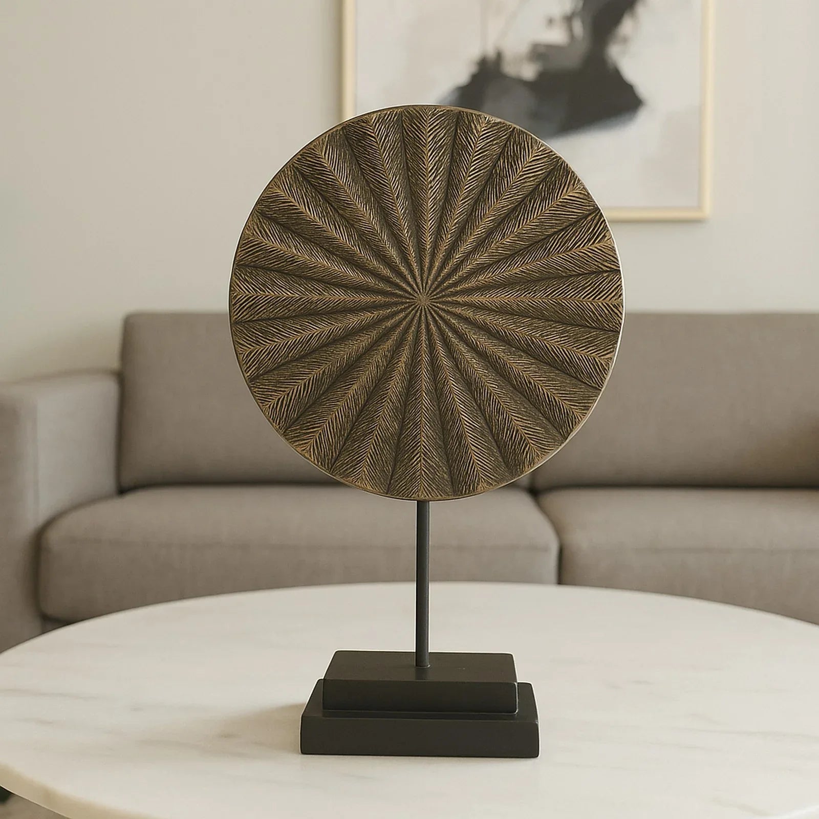 Calista Table Accent Small Disc Sculpture on Stand 35cm in Black Gold – HomeTown
